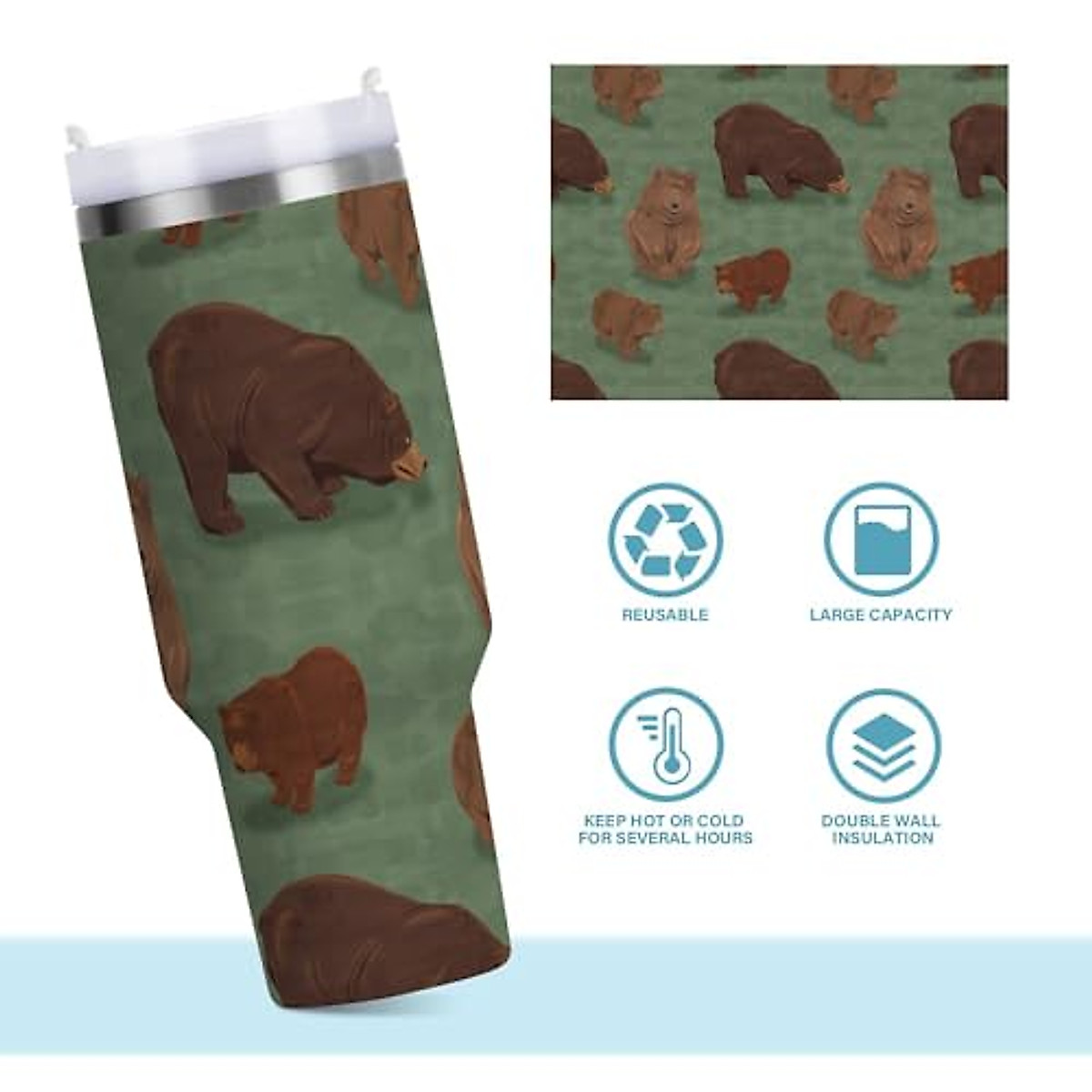 DIGTIA Stainless Steel Insulated Tumbler w/Handle & Straw, Brown Bears Double Wall Vacuum Travel Coffee Mug Cup w/Lid, Leak-Proof Sports Cartoon Water Bottle,30oz