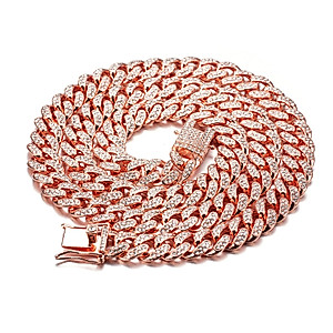 Halukakah Gold Chain for Men Iced Out,14MM Rose Gold Plated Diamond Cuban Link Chain Necklace 18",Lab Dimaonds Prong Set,Gift for Him