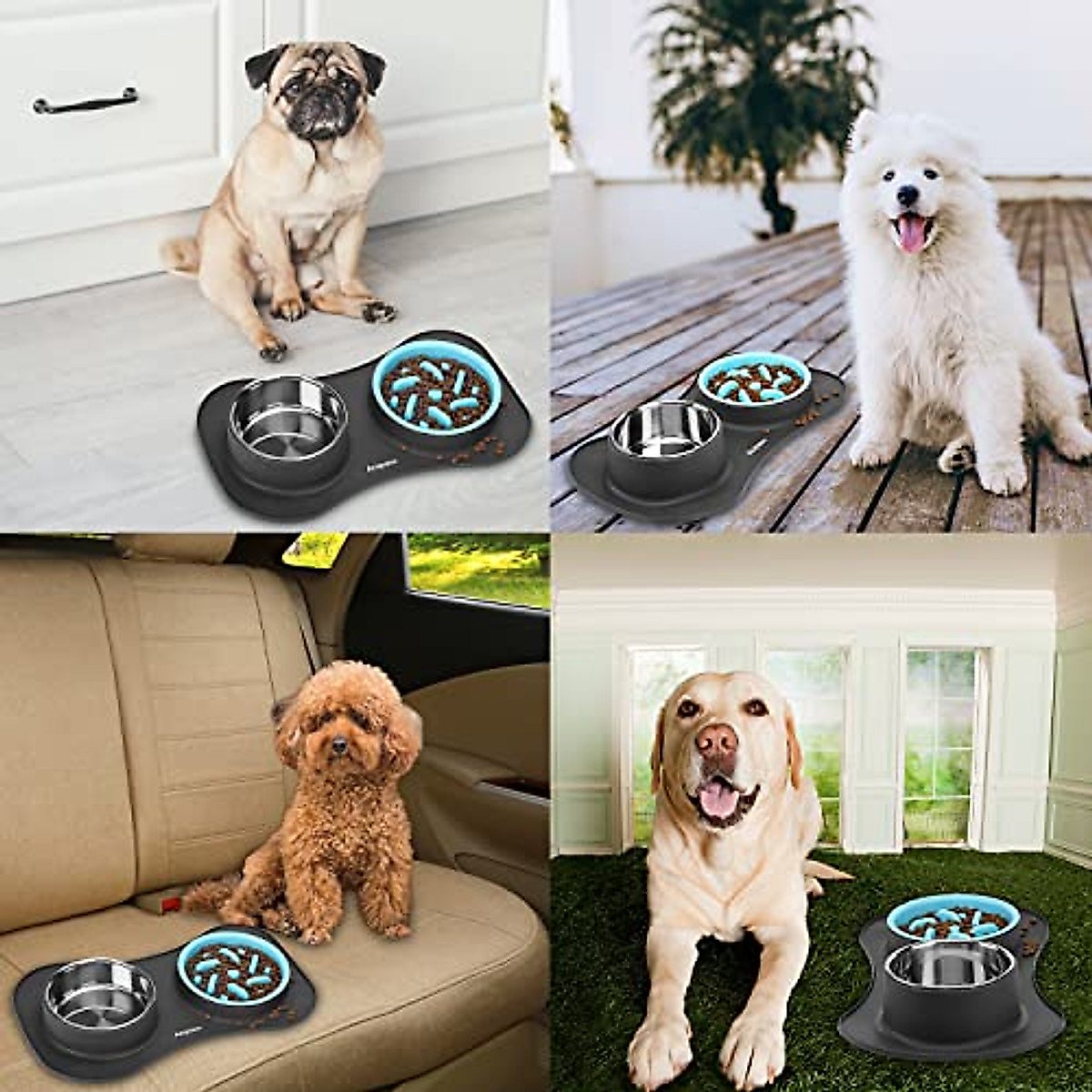 Anipaw Slow Feeder Dog Bowls 3 in 1 Stainless Steel Food and Water Bowls with Non-Spill and Skid Silicone Mat to Slow Down Eating for Large Medium Small Breed Size Dogs and Cats