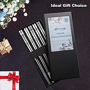 Ansnbo Stainless Chopsticks Reusable, 5 Pairs Premium Metal Chopsticks Dishwasher Safe Elegant Laser Engraved Non-slip Chop Sticks Pack Square Lightweight Chopstick Gift Set for Cooking Eating