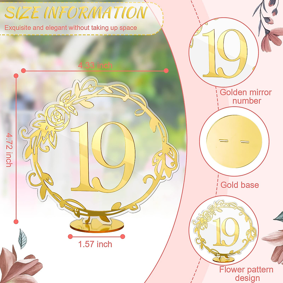 20 Pieces Table Numbers Wedding Table Numbers 1-20 Gold Acrylic Table Numbers for Wedding Reception Table Numbers Stands with Holder Base Elegant Mirror Table Numbers for Wedding Party Event Catering