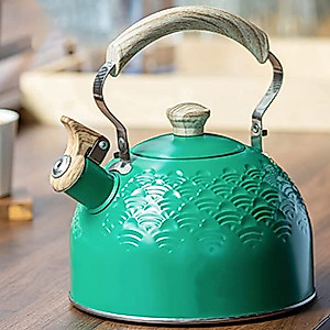 STOBAZA 2.5 Liter Whistling Tea Kettle Whistling Teapot Stainless Steel Tea Pots for Stove Top Whistling Boiling Kettle with Wood Pattern Handle for Tea, Coffee, Milk Tea Pot - Green