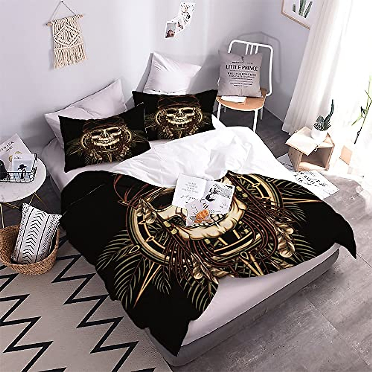 Quilt Cover Twin Size Pirate 3D Bedding Sets Skull Duvet Cover Breathable Hypoallergenic Stain Wrinkle Resistant Microfiber with Zipper Closure,beding Set with 2 Pillowcase