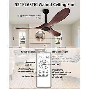 KASASS Outdoor Ceiling Fan, 52 Inch Remote Control Ceiling Fan, Indoor Ceiling Fan，Modern Classic Ceiling Fan for Kitchen, Bedroom, Living Room, Farmhouse, Patio (Walnut Color)
