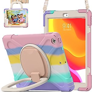 LX-SUNCX for iPad 10.2 Case 9th Generation 2021 / 8th Gen 2020 / 7th 2019,Shockproof Kids Case with Screen Protector,Rotating Stand/Pencil Holder/Shoulder Strap for iPad 10.2 Inch - Colourful Pink