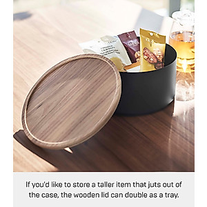 Yamazaki Home Rin Round Storage Case, Snacks, Toy, Or Craft Supplies Holder, Sewing Box Organizer, Wooden Lid Tray - Tall - Steel + Wood