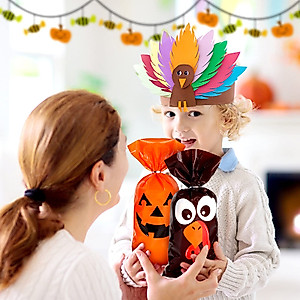 100 Pcs Thanksgiving Treat Bags 10.8'' x 5'' Pumpkin Turkey Candy Bags Fall Funny Face Cellophane Goodies Bags with 100 Twist Ties for Halloween Trick or Treat Fall Thanksgiving Party Supplies