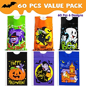 JOYIN 60 Pcs Halloween Drawstring Treat Bags, Goodie Candy Trick or Treat Bags Bulk, 6 Design Goody Bags for Trick or Treating, Small Plastic Snack Gifts Bags for Kids Halloween Party Favors Supplies