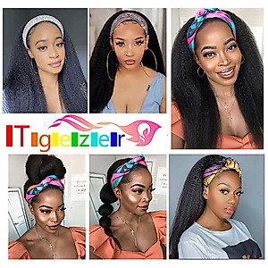 Tgezer Kinky Straight Headband Wigs for Women Synthetic Short Black Yaki Straight Wig with Headbands Attached 16inch Glueless Wig for Daily Party Use