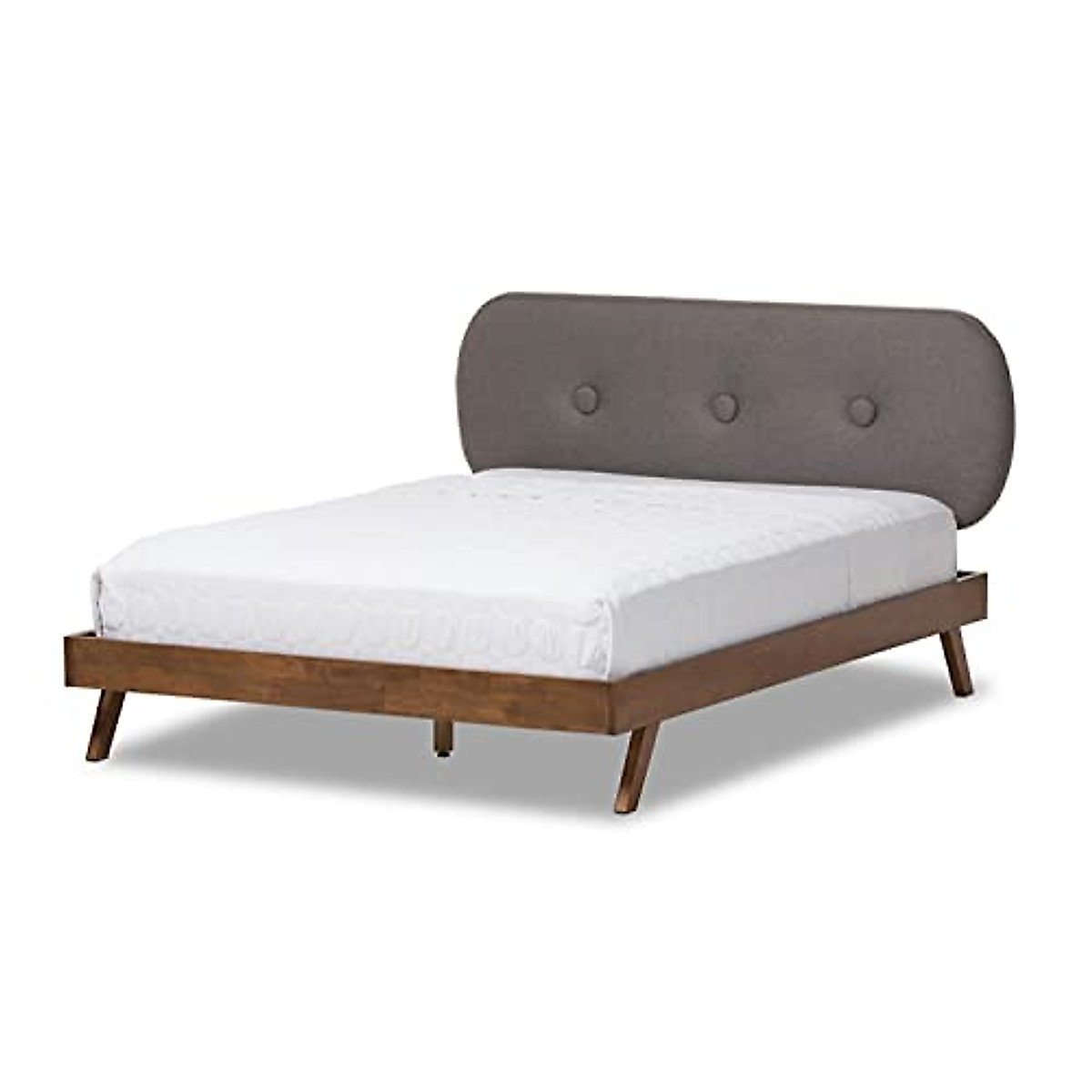 Baxton Studio Penelope Mid-Century Modern Solid Walnut Wood Grey Fabric Upholstered Full Size Platform Bed