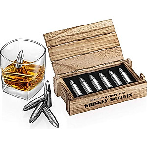 Whiskey Stone Bullets Gift Set - Stainless Steel Bullet shaped Whiskey Stones in a Wooden Army Crate | Reusable Bullet Ice Cube for Whiskey | Whiskey Gift Set for Men, Dad, Husband, Boyfriend (Silver)