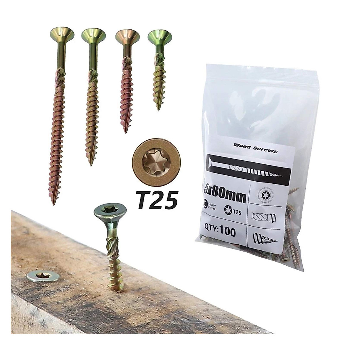 DShanLa 100Pcs 35/45/60/80mm Woodworking Pocket Hole Screws T25 Torx Self Tapping Screws Deck Screw Wood Binding Screws for Hardwood DShanLa (Length : 60mm)