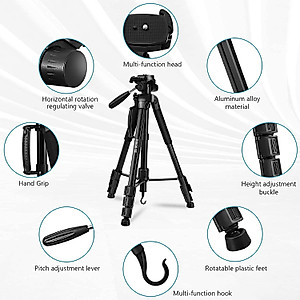 Zoegate Portable Tripod 70"/177cm Travel Camera Tripod Outdoor Compact Aluminum Alloy Video Tripod Monopod with 3-Way Swivel Pan Tilt Head Cellphone Holder Smartphone Clip for Phone