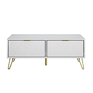 Scurrty 39.4'' Coffee Table with Large Drawers & 2 Open Storage Shelves, White Modern Coffee Tables with Gold Metal Handles for Living Room, Bedroom and Study (White)