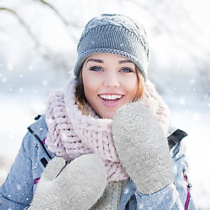 Hicarer 4 Pairs Women Mittens for Women Adult Winter Ladies Mittens Knitted Gloves Warm Fleece Mittens Double Wool Gloves, Black, Grey, Light Grey, Camel, about 3.9 x 9 inches