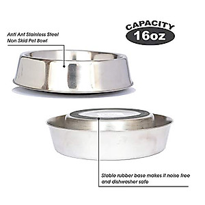 Iconic Pet 16 oz/ 2 Cup Anti Ant Stainless Steel Non Skid Pet Food/Water Bowl - Noise Free Ant Resistant Dog/Cat Feeding Bowl with Unique Design & Rubber Base Makes It an Elegant Ant Proof Dish