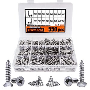 Trivd Frol 550Pcs Self Tapping Screws Assortment Set, M3/M4/M5/M6 304 Stainless Steel Sheet Metal Screws Kit, Phillips Drive Wood Screw Assortment 550Pcs(275pcs Round Head and 275pcs Flat Head)