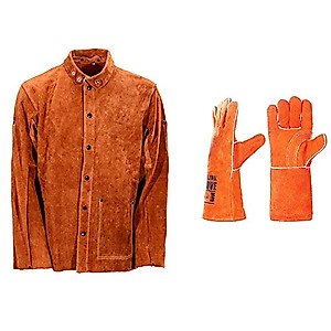 QeeLink Leather Welding Work Jacket with Gloves Flame-Resistant Heavy Duty Split Cowhide Leather Welder Jackets with Gloves for Men & Women, XX-Large