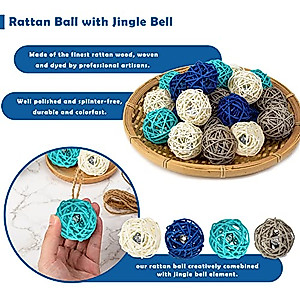DomeStar Rattan Ball with Jingle Bell, 24PCS Wicker Ring Balls 2 Inches Natural Decorative Wicker Rattan Balls Orbs Vase Fillers Blue, White, Grey and Cerulean