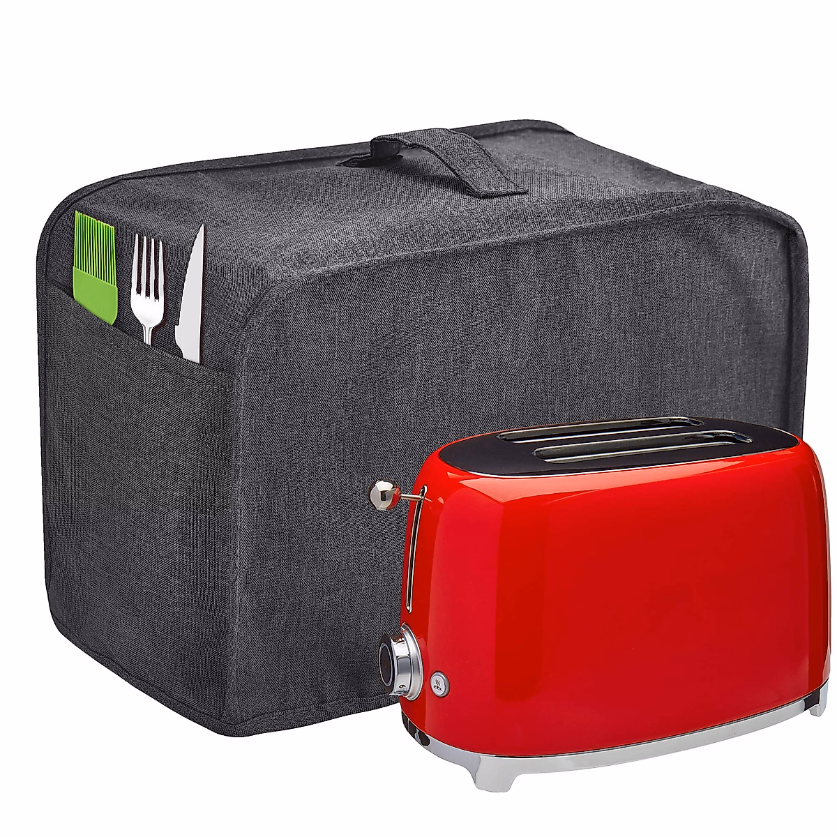 Toaster Cover with 2 Pockets,Can hold Jam Spreader Knife & Toaster Tongs, Toaster Appliance Cover with Top handle,Dust and Fingerprint Protection, Machine Washable (2 Slice, Grey)