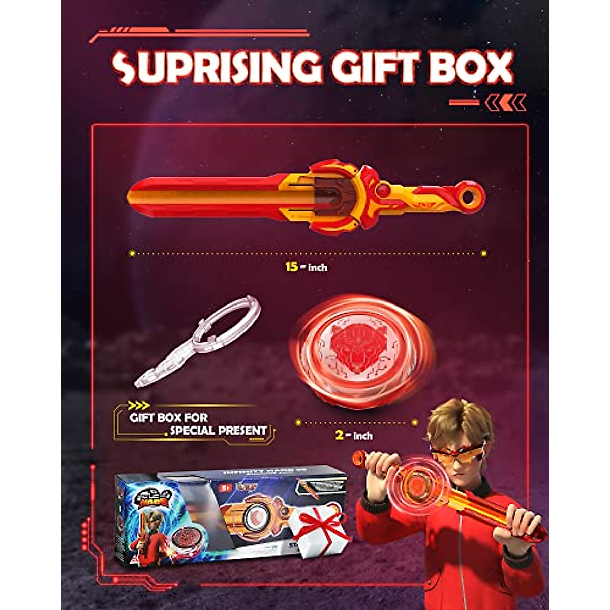 Infinity Nado Battling Tops Burst Toy for Boys Grils Age 8-12 - Including Gaming Top Toys, Sword Launcher - Blazing War Bear, Flame Red