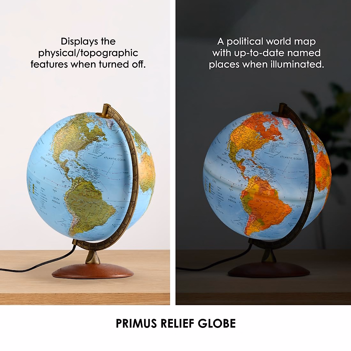 Waypoint Geographic Illuminated Desk Globe with Stand and Raised Relief Features - 1,000's of Up-to-Date Named Places & Points of Interest - Wood Stand (Blue)