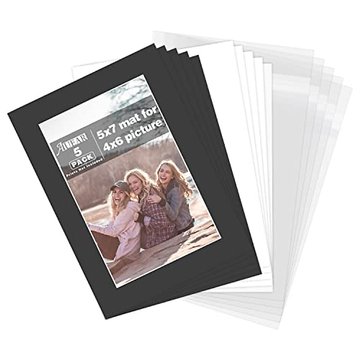 AUEAR, 5 Pack Black 5X7 Bevel Cut White Core Picture Mat for 4X6 Photo/Print/Artworks - 5 Pre-Cut Acid Free Picture Frame Mat + 5 Backing Board + 5 Clear Bag