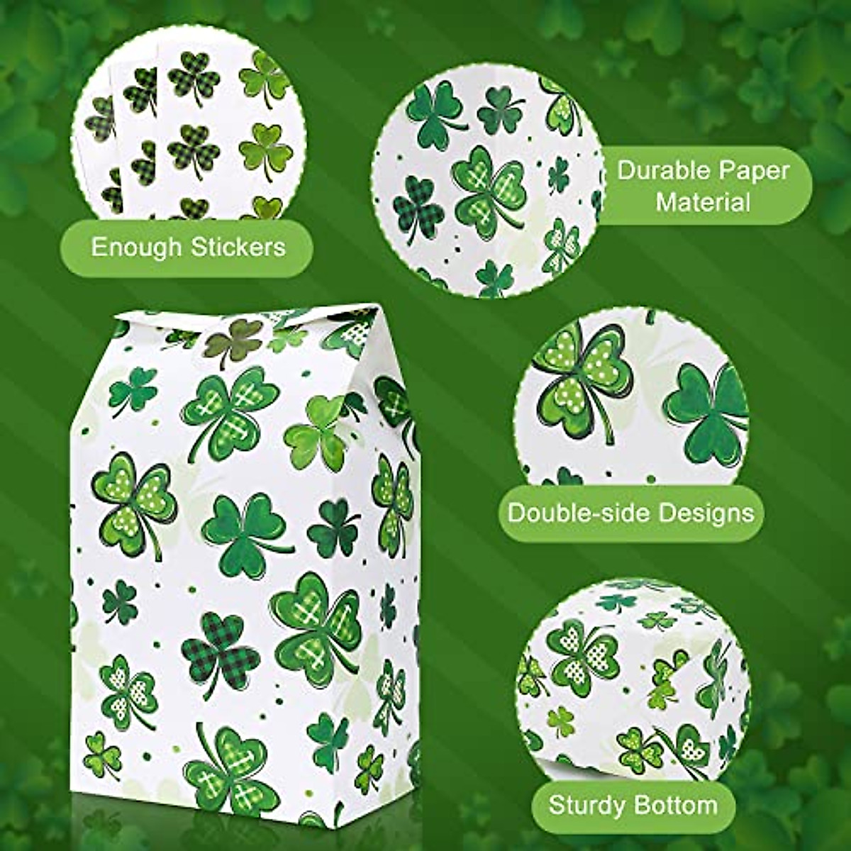 AnyDesign 36Pcs St. Patrick's Day Paper Party Favor Bags Lucky Shamrock Goodie Candy Treat Bags with Stickers Irish Style Gift Party Favor Bags for Cookie Snack Present Wrapping Supplies