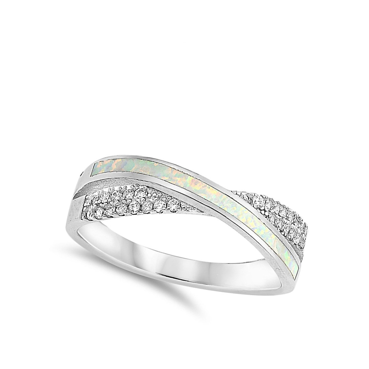 White Simulated Opal Double Shank Criss Cross Ring 925 Sterling Silver Band Size 7