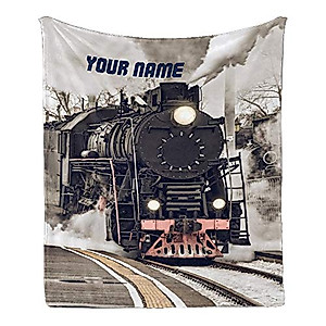 CUXWEOT Custom Blanket with Name Text,Personalized Retro Steam Train Super Soft Fleece Throw Blanket for Couch Sofa Bed (50 X 60 inches)