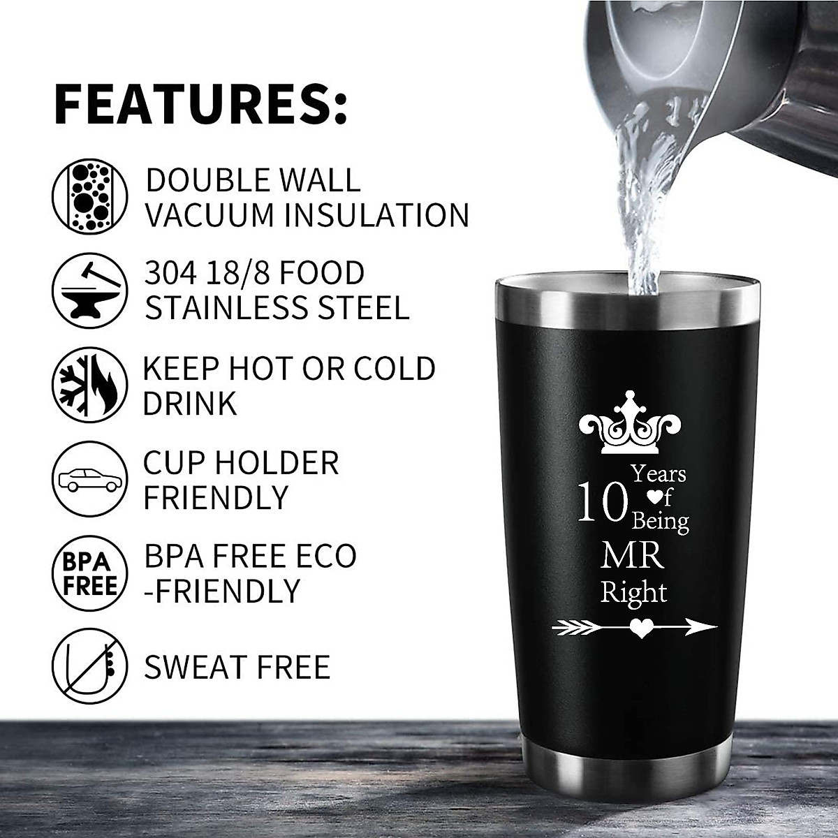 Set of 2 10th Wedding Engagement Anniversary Tumblers for Couples Parents 20 Ounce Stainless Steel Insulated Car Tumbler Travel Mug Mr Right Mrs Always Right 10 Years Anniversary Funny Present