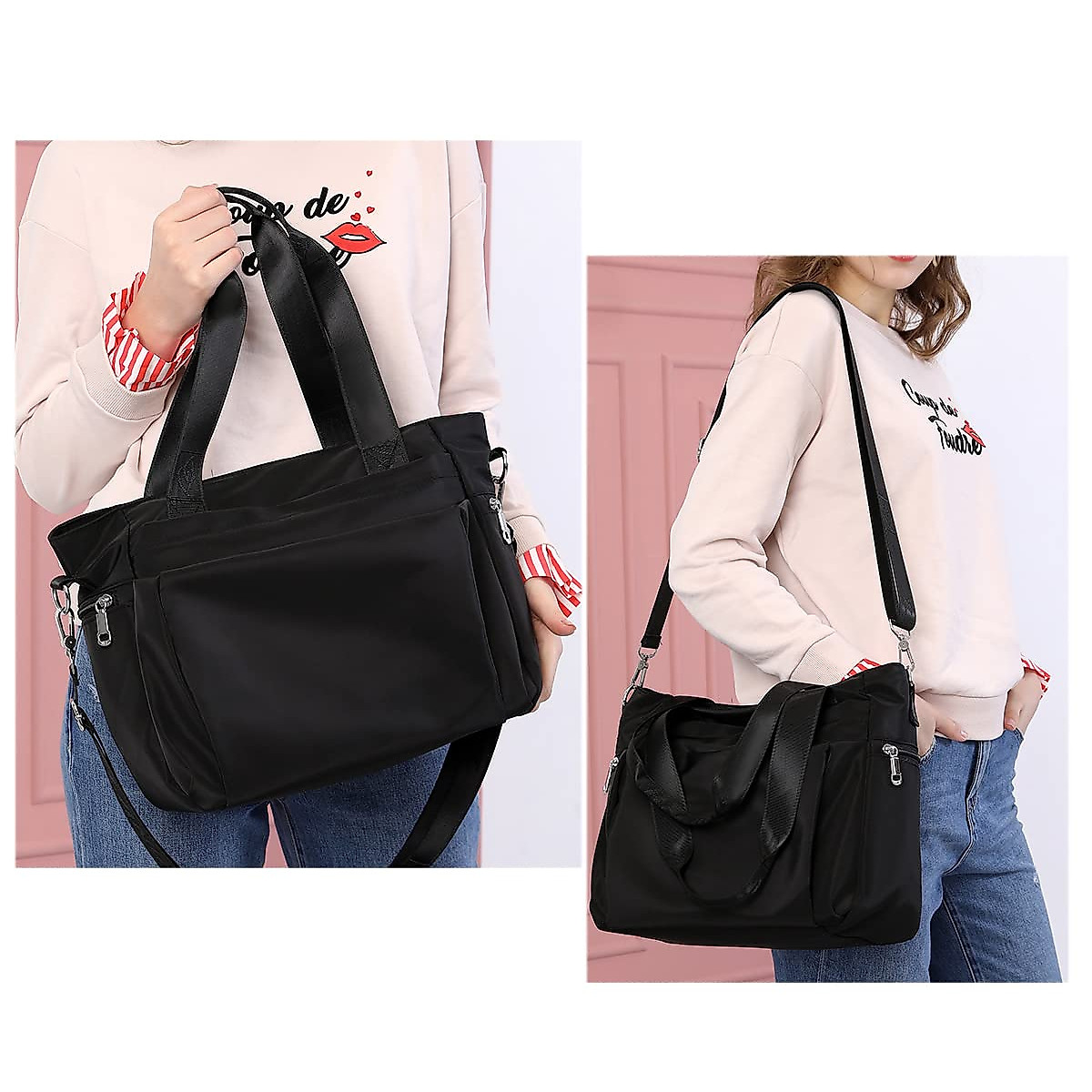 YANAIER Women Nylon Tote Bag Water resistant Multi-function Shoulder Handbag Light Travel Messenger Bags Black