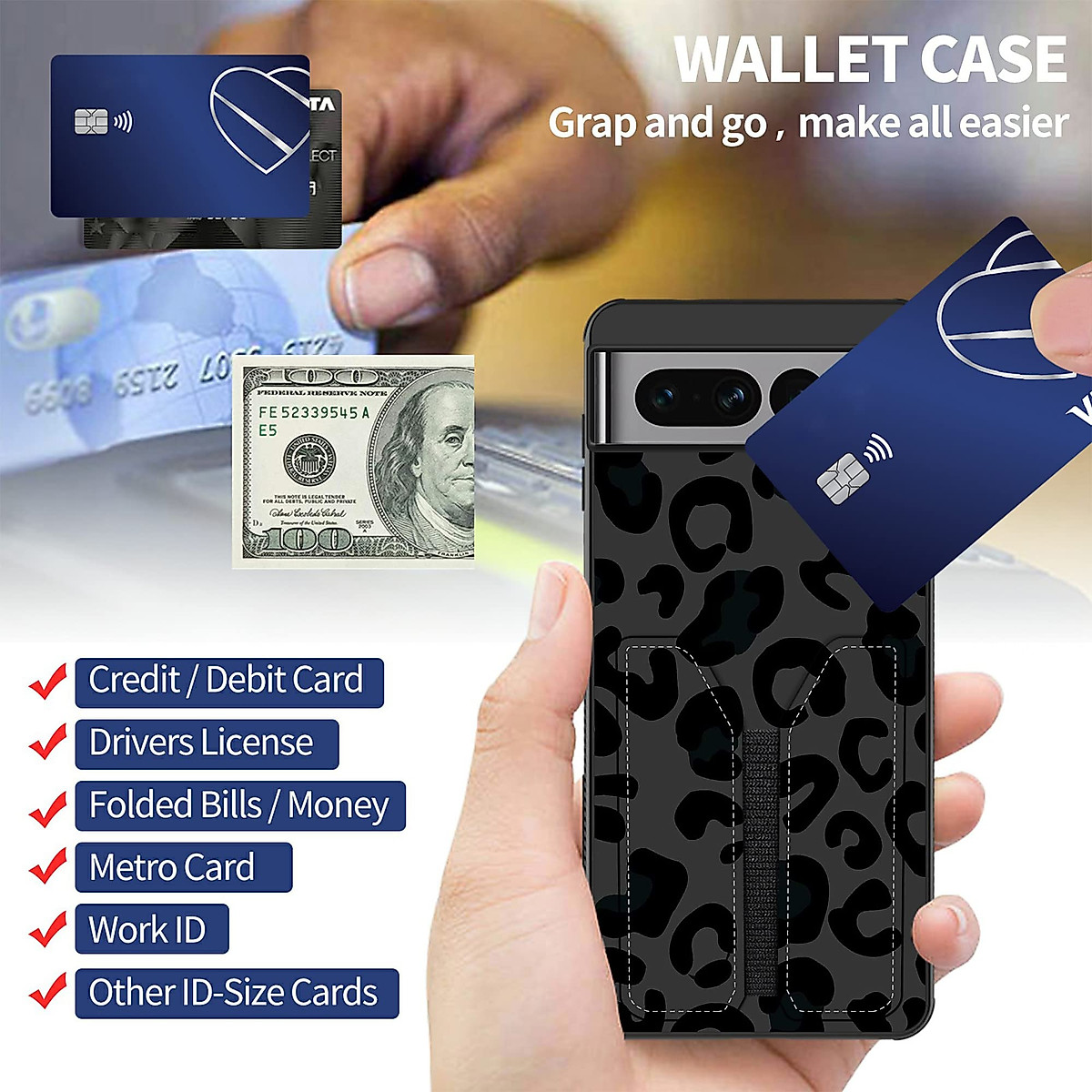 RYUITHDJP for Google Pixel 7 Pro Case Wallet Leather with Black Leopard Design Theme Phone Case for Google Pixel 7 Pro Case with Credit Card Slot Holder Shockproof Protectve Leather Case
