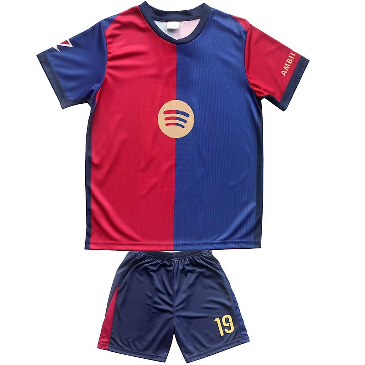 CEKFAX 2024/2025 Barca Home #19 Lamine Yamal Football Soccer Kids Jersey Shorts Socks Set Youth Sizes (Navy,16)