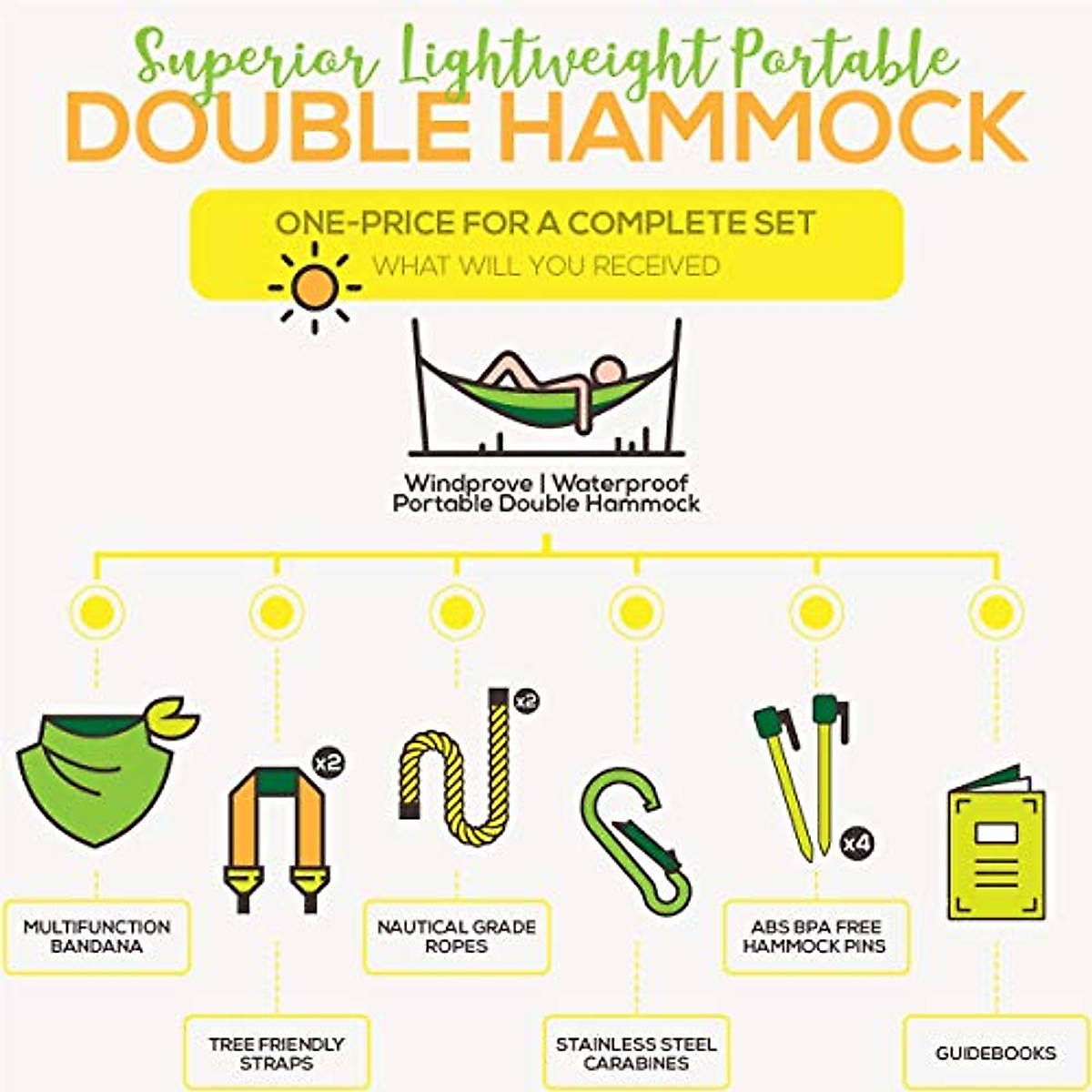 Lazy Monk 2 Person Hammock w/ Tree Straps | Portable Foldable Parachute Double Hamock Outdoor, Travel, Camping | Hamaca para dos | Complete Two People Couple Patio Backyard Outside Hanging Swing Amaca