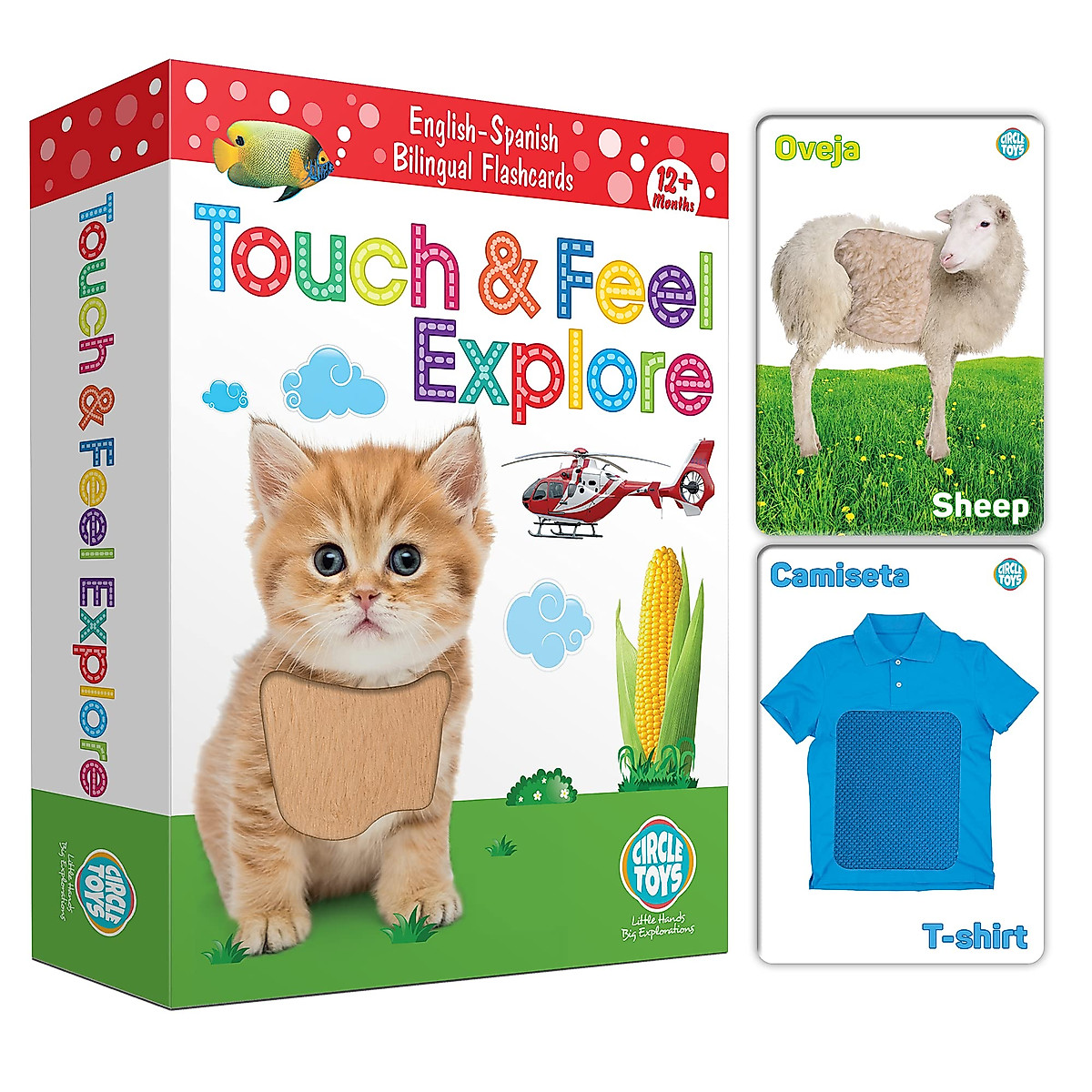 My Touch and Feel English Spanish Bilingual Picture Double Sided Sensory Flash Cards for Infant, Toddlers, Kids, Learn Animals, Fruits, Objects and Vehicles, Fun Learning and Educational Flashcards