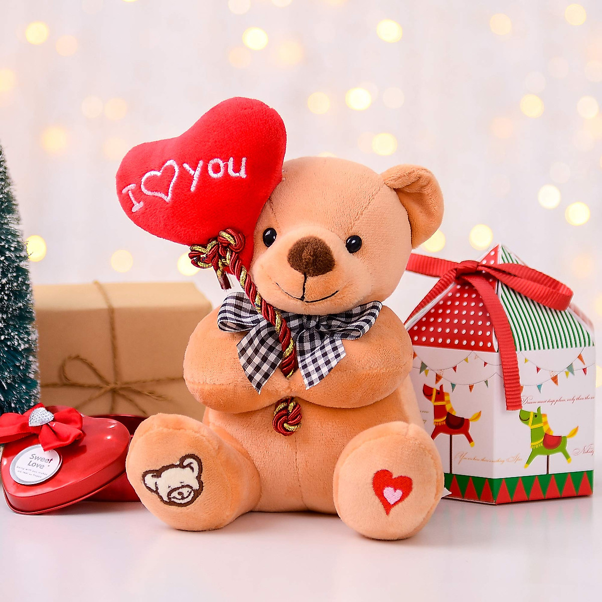 Gloveleya for Mom Plush Teddy Bear Holding Balloon Heart I Love You Lover's Gifts Brown 7"