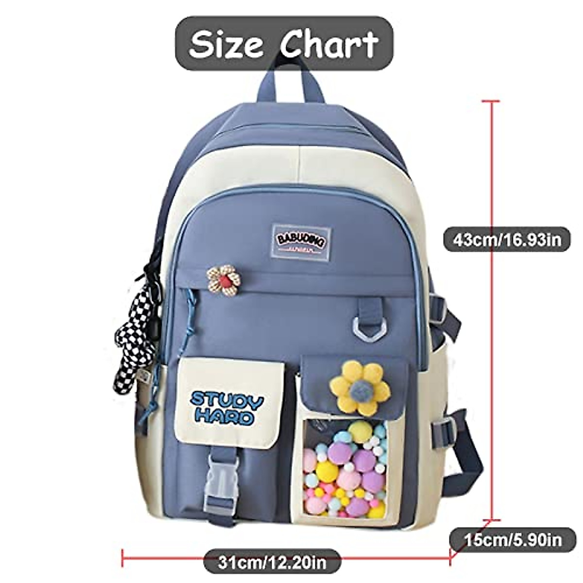 YGYCF Kawaii Backpack 5Pcs Set for Student with Cute Knot Accessories - School Bags for Teen Girls Back to School Supplies Essentials Aesthetic Bookbag, C Blue