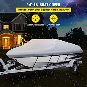 VEVOR Waterproof Boat Cover, 14'-16' Trailerable Boat Cover, Beam Width up to 90" v Hull Cover Heavy Duty 210D Marine Grade Polyester Mooring Cover for Fits V-Hull Boat with 5 Tightening Straps