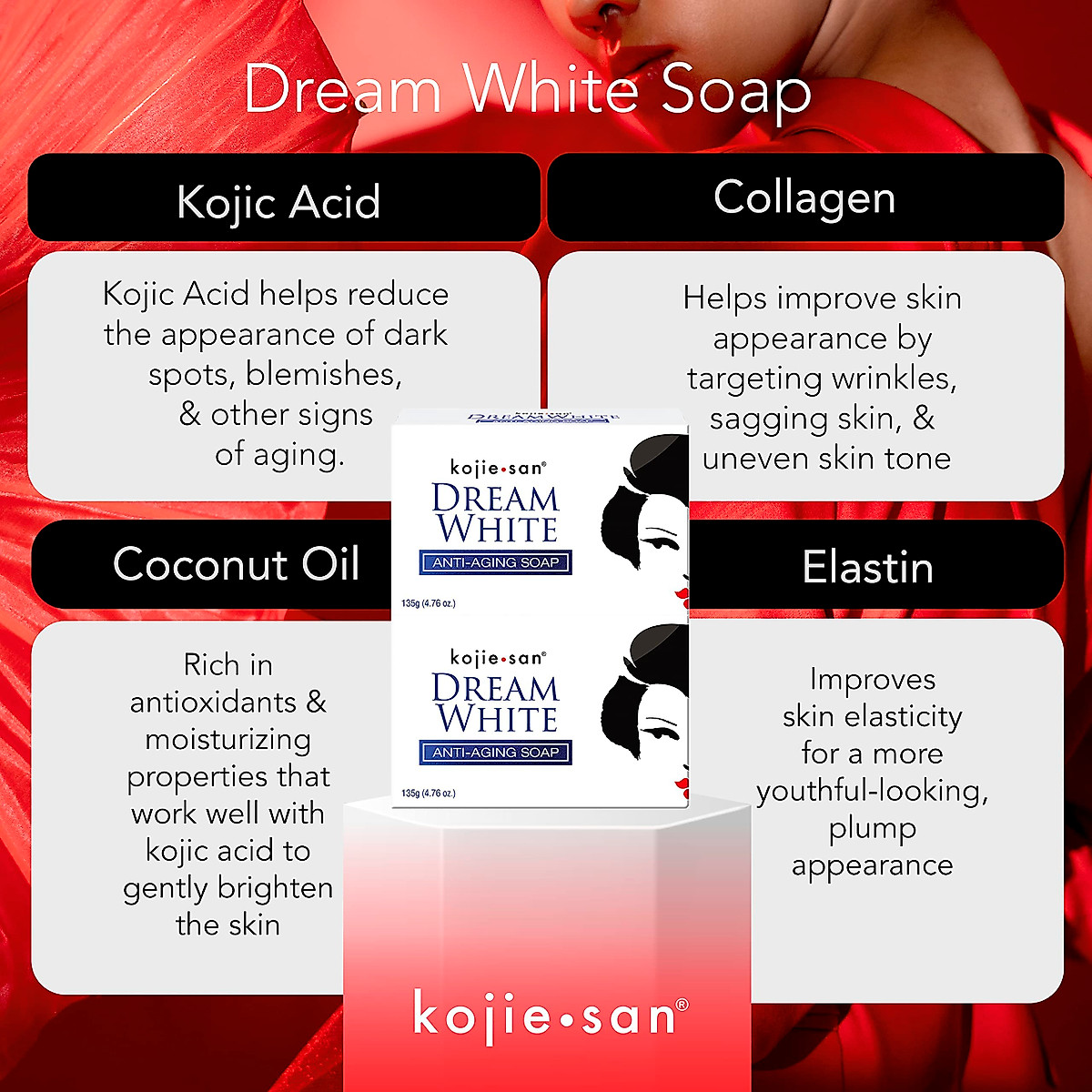 Kojie San Dream White Soap - Skin, Body, and Facial Brightening & Anti Aging Kojic Acid Soap with Collagen, Elastin & Coconut Oil - 65g x 2 Bars