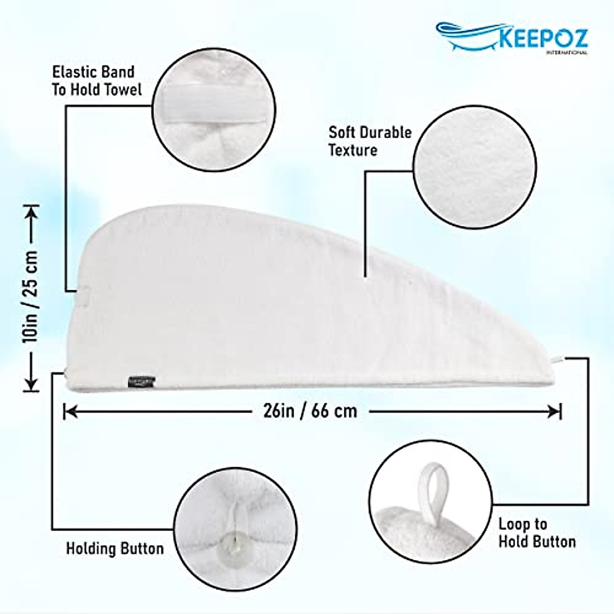 KEEPOZ Hair Towel Wrap Quick Dry 100% Cotton Super Absorbent Turban Head Wrap for Women with Button, Non Microfiber Anti Frizz Hair Products, Hair Cap for Curly, Long & Thick Hair (1Pc)(White)