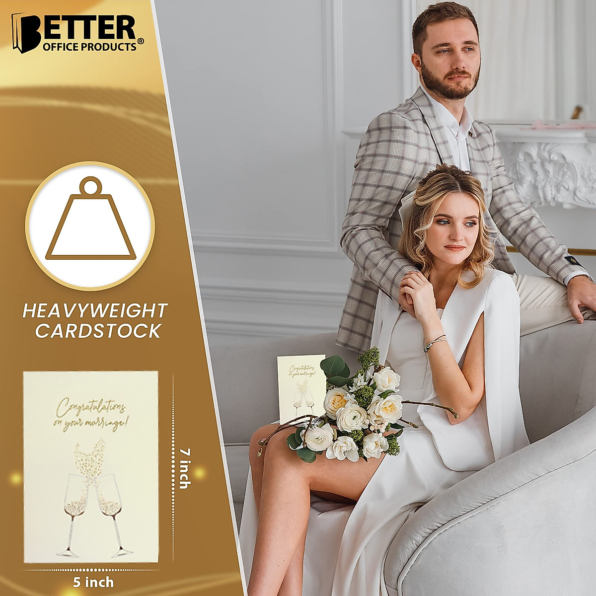 Better Office Products Wedding Congratulations Card with Metallic Gold & Silver Foil, Gold Shimmer Envelope, Classic 5 x 7 Inch Size, Heavy Textured Cardstock
