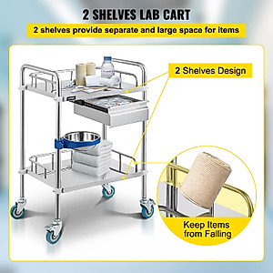 VEVOR Lab Cart 2 Layers Dental Cart with 1 Drawer Stainless Steel Cart 1 Refuse Basin Lab Utility Cart w/Silent Omnidirectional Wheels Stainless Utility Cart for Laboratory Hotel Restaurant Home Use