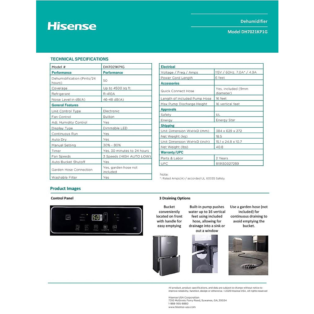 Hisense 50-Pint 3-Speed Built-in Pump Dehumidifier, 3 Modes (Auto, Continuous, Manual) Energy Star, LED display, Noise level 48 dB, up to 4500 sq ft, 115v – DH7021KP1G (Renewed)