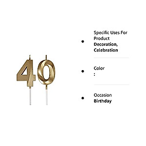 Bailym 40th Birthday Candles,Gold Number 40 Cake Topper for Birthday Decorations Party Decoration