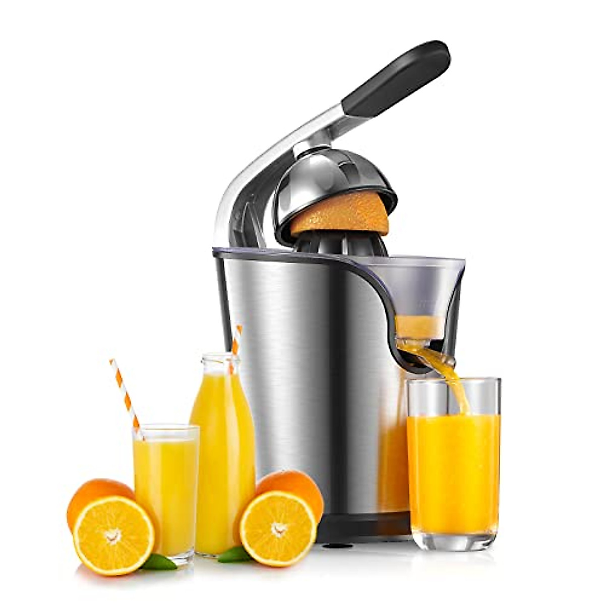 FOHERE Citrus Juicer Electric Orange Juicer with Humanized Handle and Two Size Cones for Grapefruits, Orange and Lemon, Powerful 160W Silent Motor Stainless Steel BPA-Free, Silver