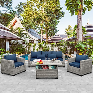 Rattaner 4 Pcs Outdoor Furniture Sets Patio Furniture Set Patio Couch Outdoor Chairs Storage Table with Anti-Slip Cushions and Waterproof Covers, Navy Blue