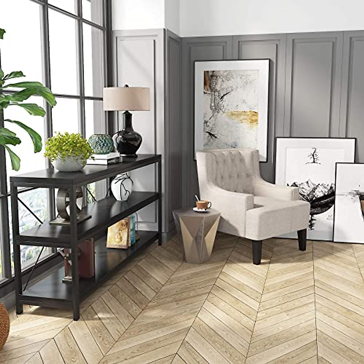 Sofa Table, 3 Tiers Console Table TV Console Narrow Long Sofa Table TV Stand with Storage Shelves for Hallyway, Entryway, Living Room, 55 Inches (Black)