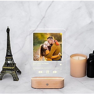 SHO VAVAS Personalized Acrylic Plaque with Wood Base, Playlist Picture Frame with LED Light, Custom Music Plaque with Photo, Christmas, Birthday Gift for Couple, Romantic Gifts for Her Him (Music Version 1)