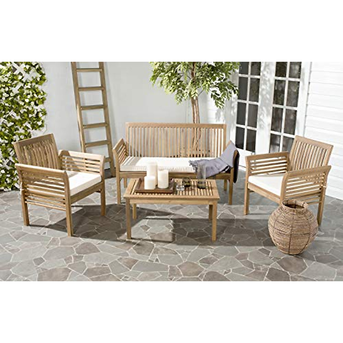 SAFAVIEH Outdoor Collection Carson Natural/ Beige Cushions 4-Piece Conversation Patio Set